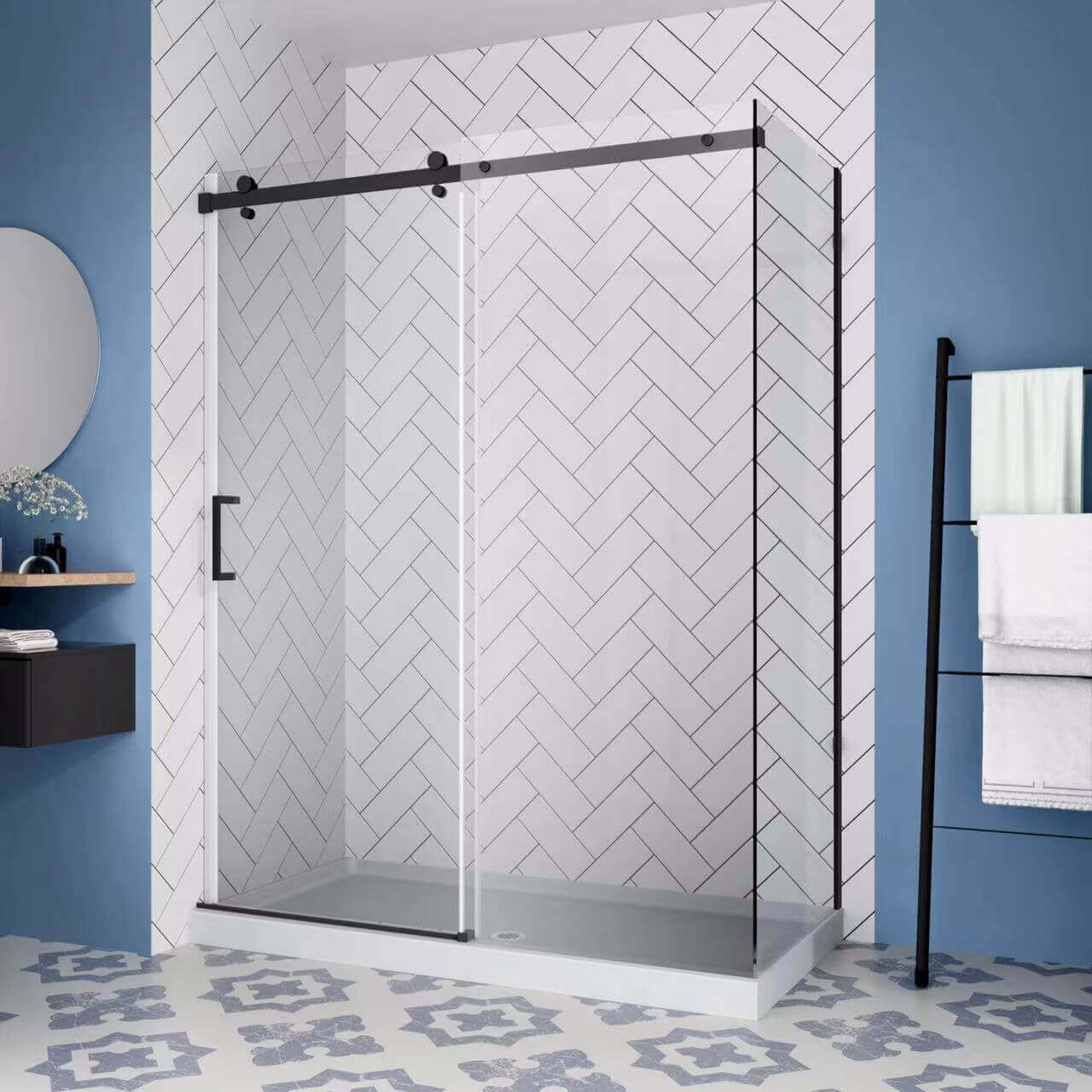 Douche (Base et Vitres inclus) noire 36" X 48" en coin -Mur gauche vit
